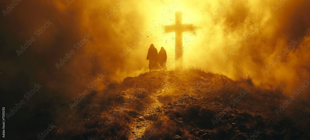 Background, christ and Jesus with devil, silhouette, and satan for ...