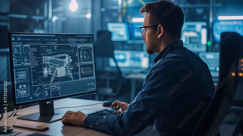 Engineer Working on 3D CAD Design in Night Office. Focused engineer ...