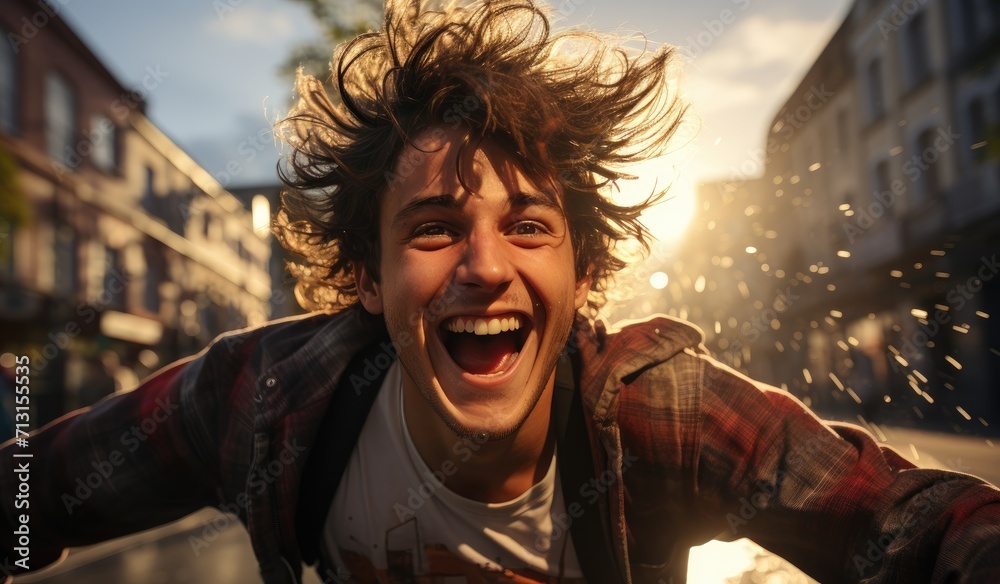 A joyful man stands on the bustling city street, his face turned ...