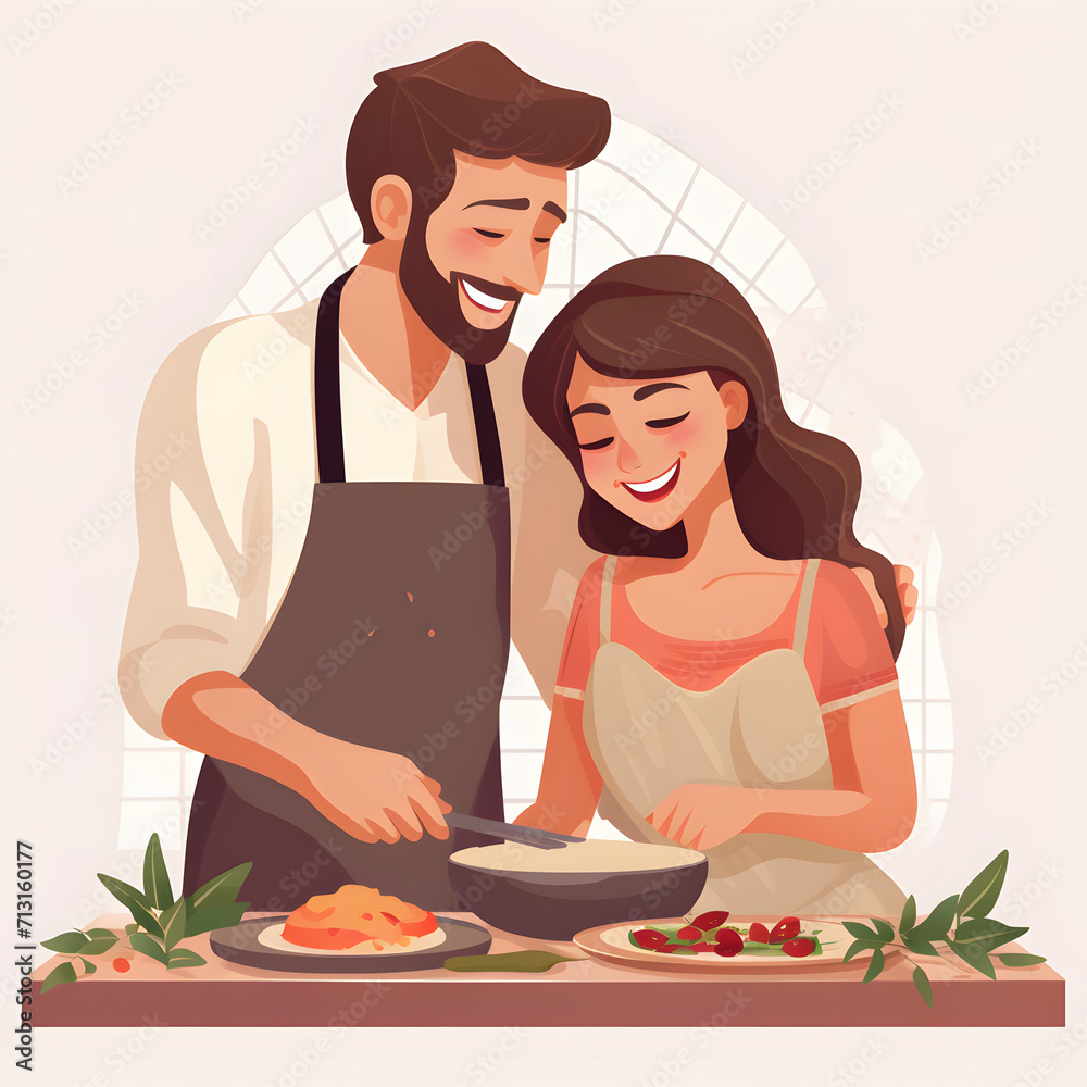 Couple cooking a meal together in the kitchen isolated on white ...