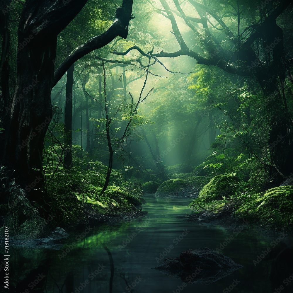Mysterious green forest with a river flowing through it. Fantasy ...