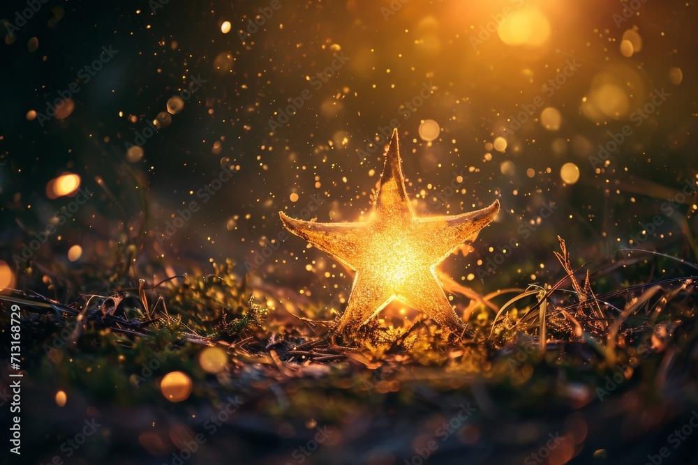 glowing golden star in magical and enchanting scene with sunlight and ...