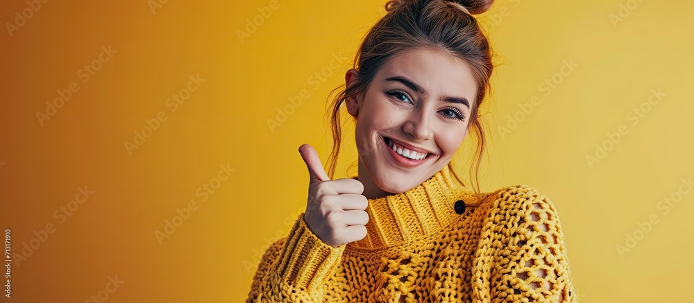 Woman congratulating herself by clapping hands and pointing at herself ...