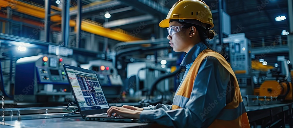 Professional worker of modern factory using laptop controlling program to automatic machinery ...