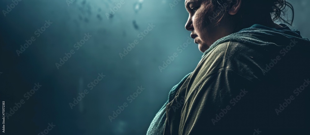 Fat man looking out through window depressed introvert ashamed of obese ...