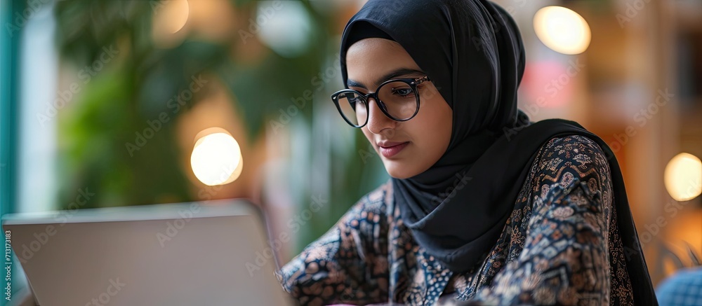 Foto de Female Muslim Student Wearing Hijab Studying in Modern ...