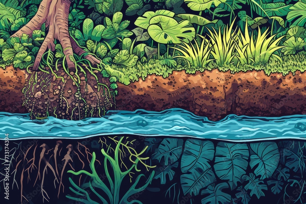 illustration showing a cross-section of a forest and underwater ...