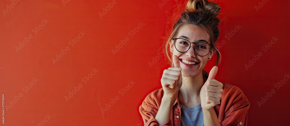 Woman congratulating herself by clapping hands and pointing at herself ...