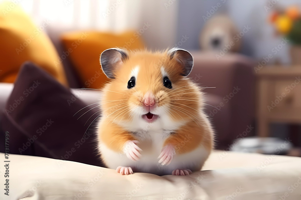 Cute hamster sitting on a sofa in a living room. Little pet for human friend. Pet indoor ...