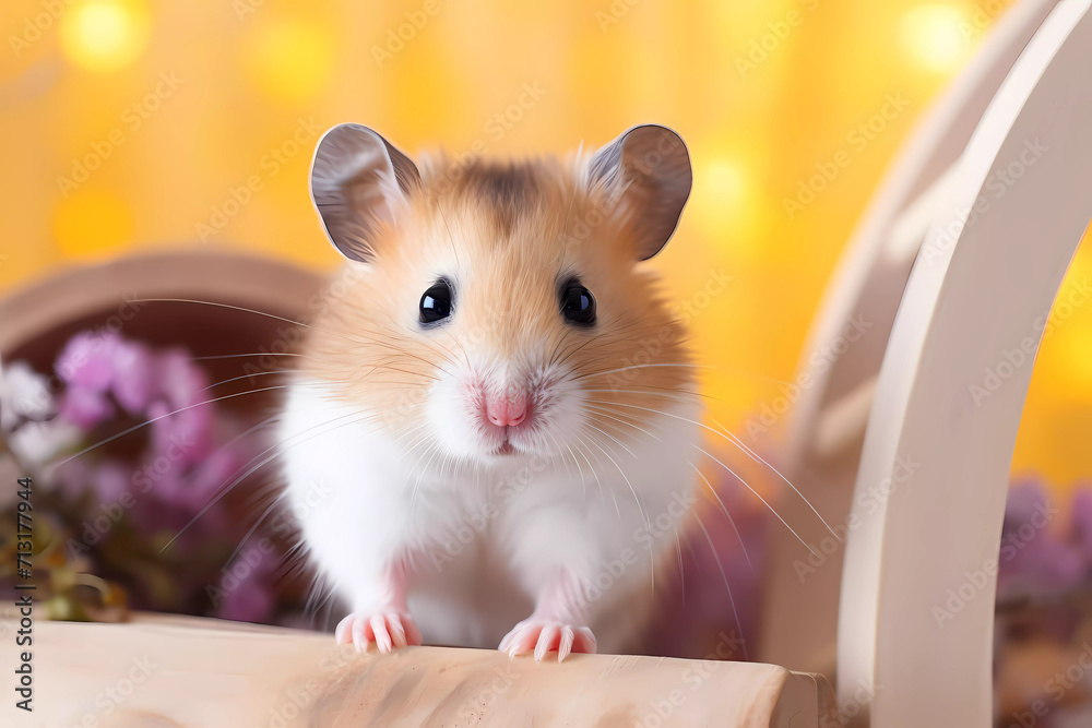 Cute hamster sitting on a sofa in a living room. Little pet for human ...