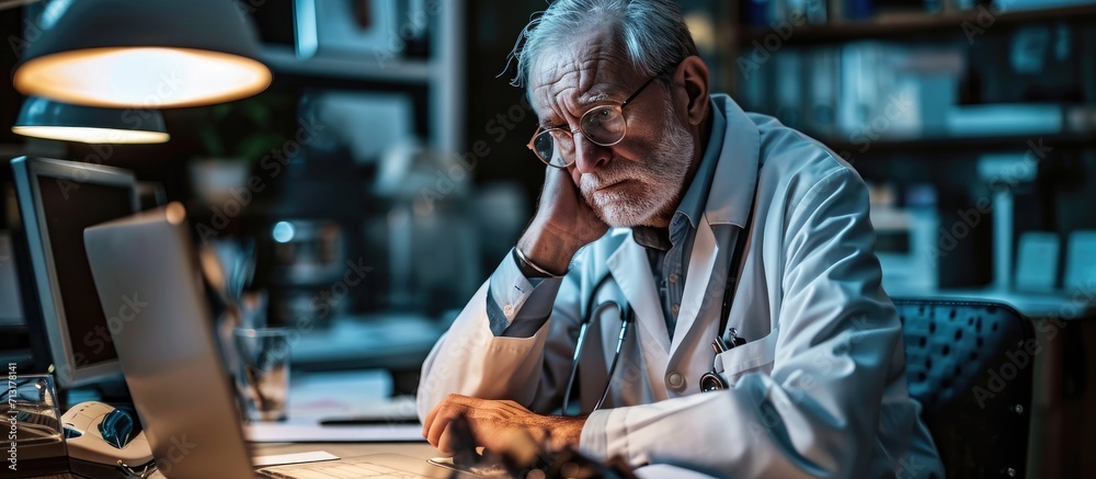 Tired depressed old male doctor feels desperate thinking of medical ...