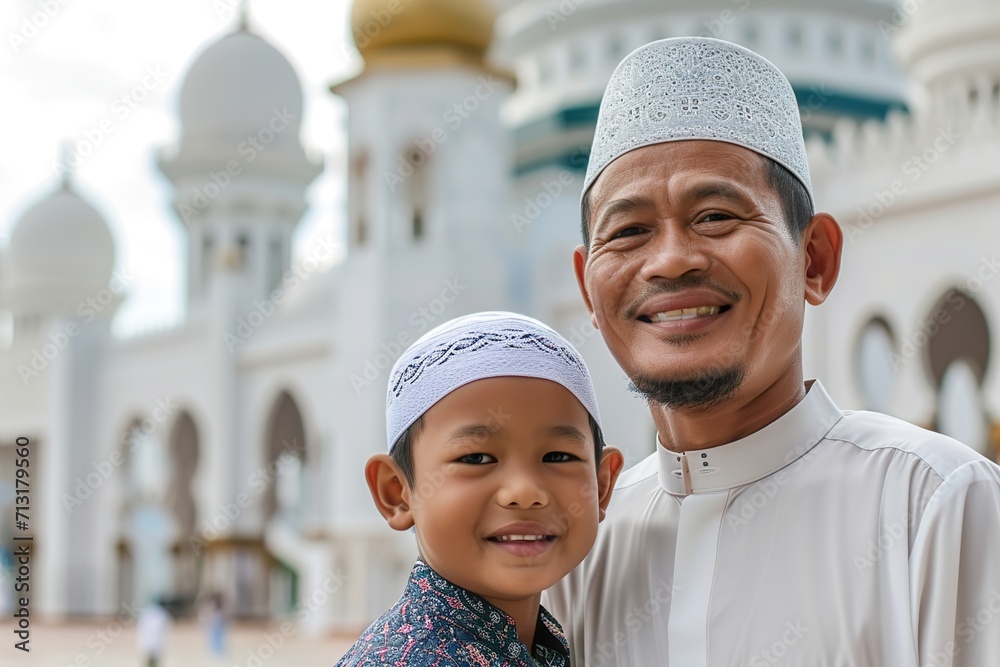 Muslim father and son smiling to camera in front of mosque Stock ...