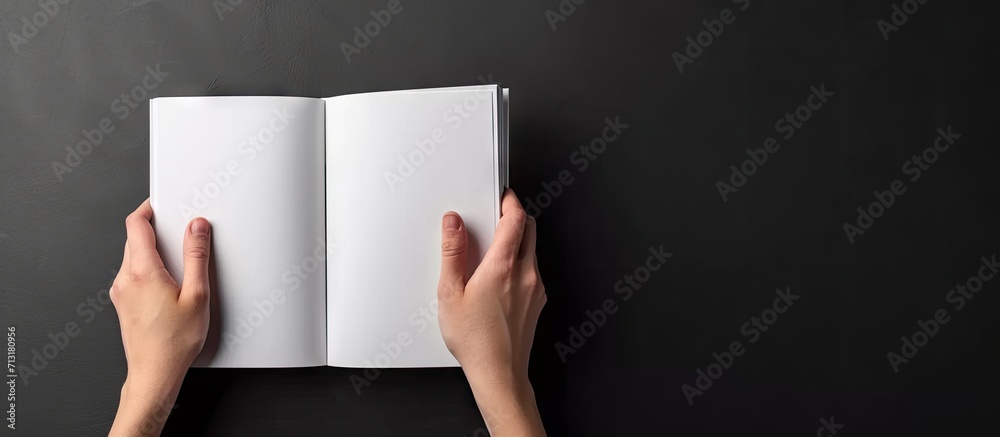 Hand opening blank white book cover mockup template Clear booklet front ...