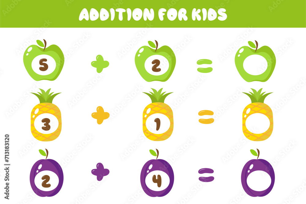 Educational math game for children. Addition for children with colorful ...