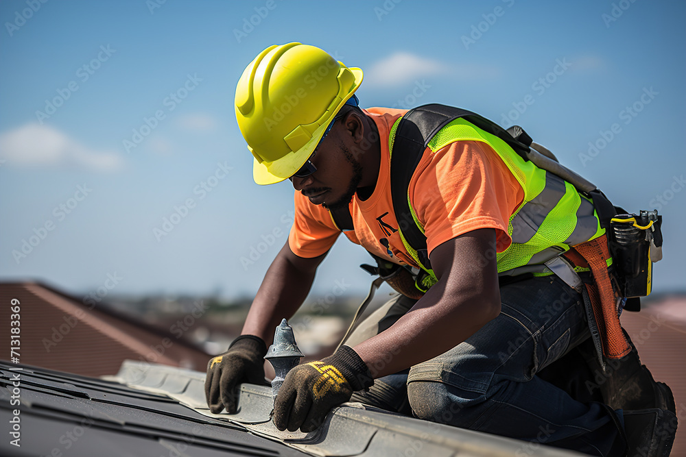 Engineer workers install new roof, roofing tools, electric drill, use ...
