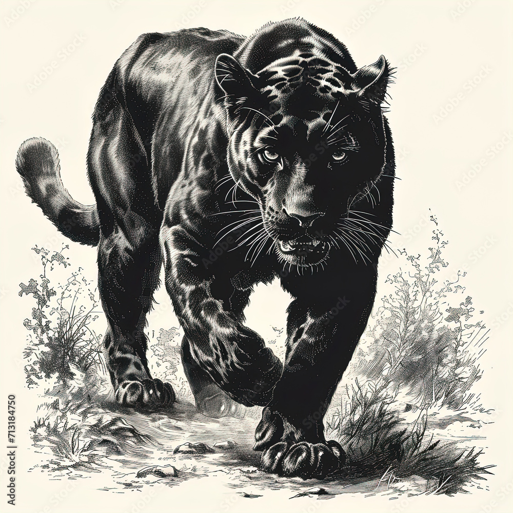 Panther. An artistic, schematic black-and-white portrait of a panther ...