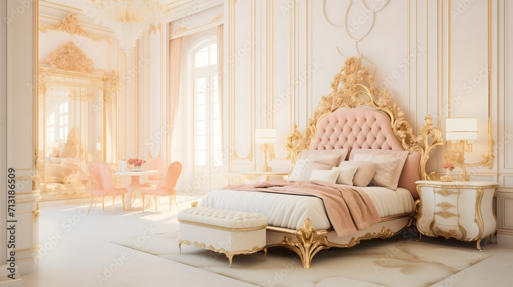 Interior design of an empty luxurious pink female or girl bedroom for ...