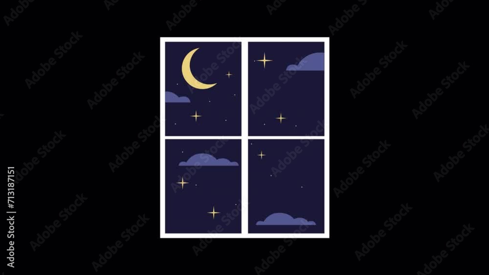 Window night twinkle stars line 2D object animation. Nighttime moon ...