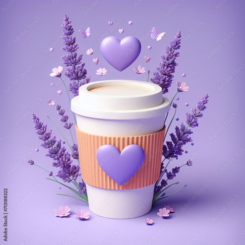 Paper cup of coffee fly with violet heart, with lavender, 3d ...