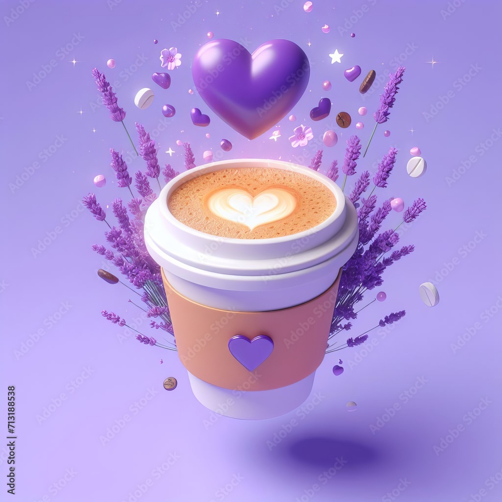 Paper cup of coffee fly with violet heart, with lavender, 3d ...