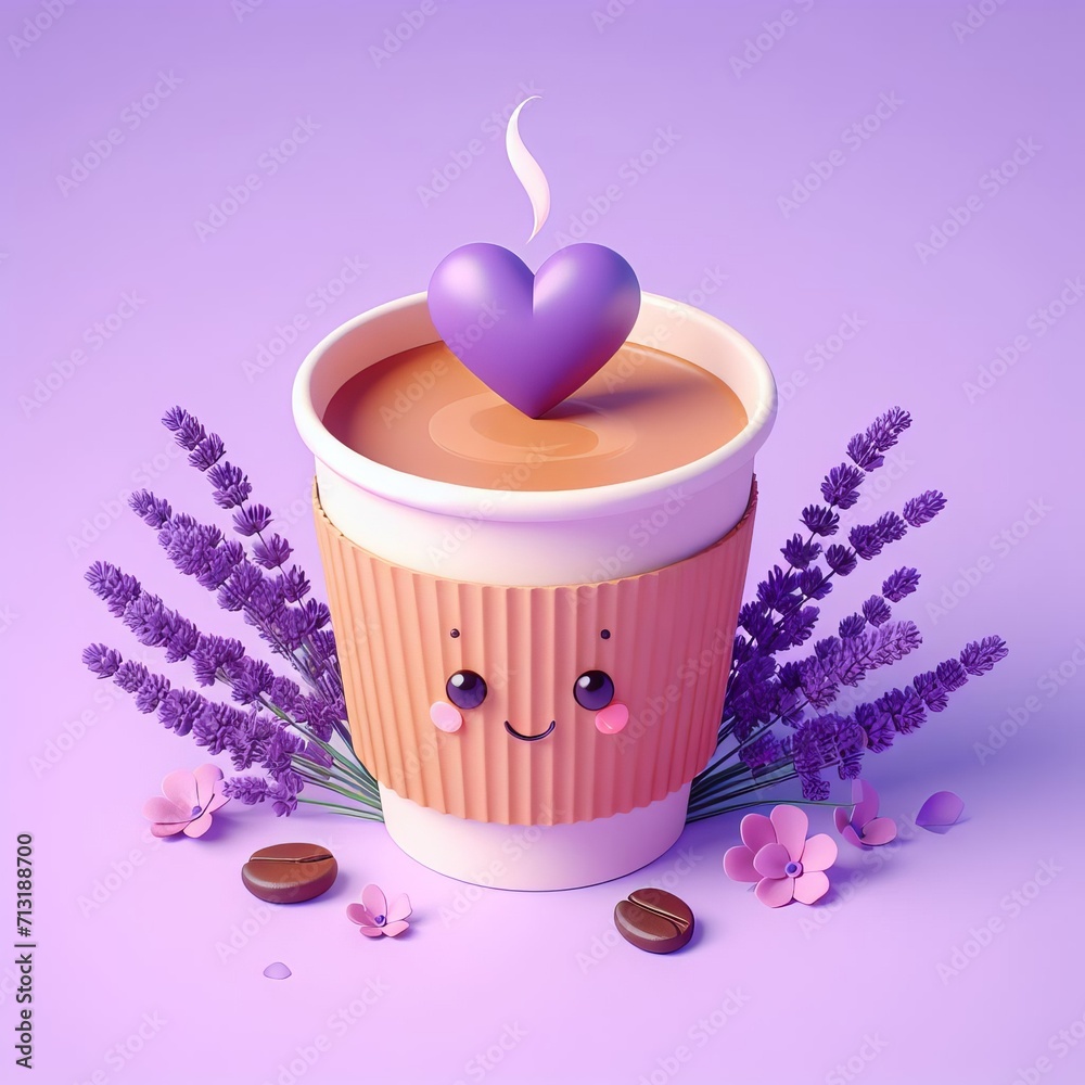 Paper cup of coffee fly with violet heart, with lavender, 3d ...
