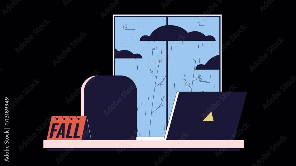 Autumn season workplace line cartoon animation. Lightning outdoor ...