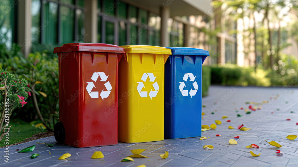 Color-Coded Recycle Bins for Waste Segregation.Three recycle bins in ...