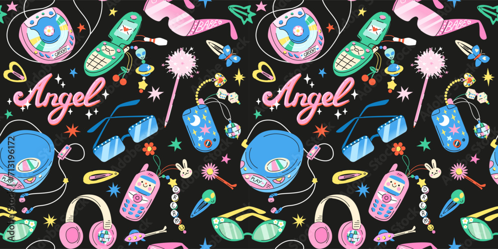Seamless pattern with Cute cartoon retro 2000s CD players, flip phone ...