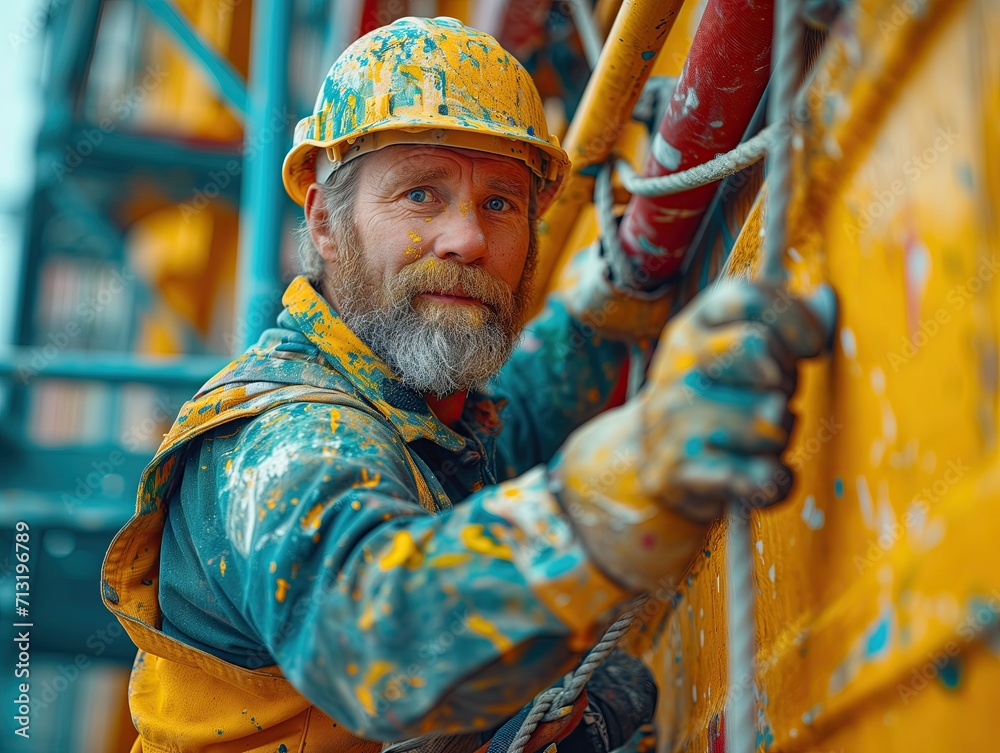 Suspended midair on ropes, the construction painter maneuvers ...