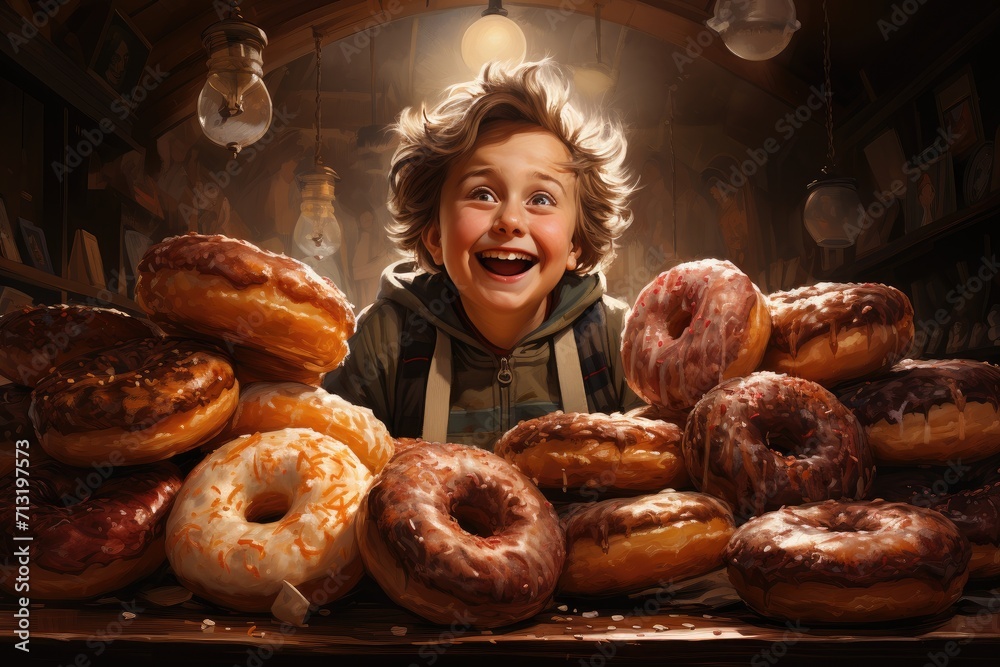 A hungry boy stands behind a mountain of delectable donuts, his face ...