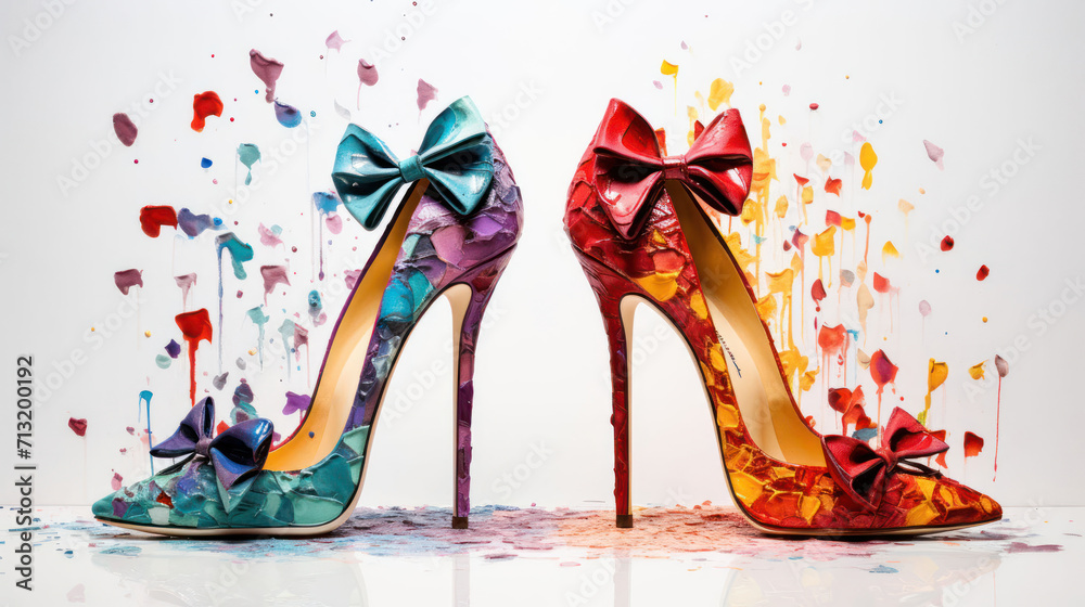 High Heels with Bow in Haute Couture Style with Artistic Colorful Paint ...