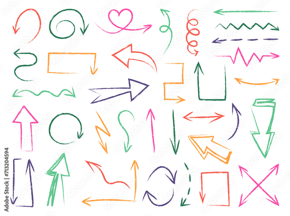 Doodle arrows. Direction pointer. Pencil drawing. Color pen lines ...