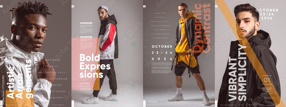Set of sleek fashion posters with male models, highlighting neutral ...