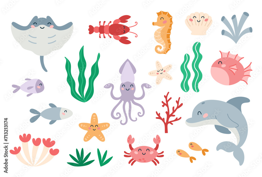 Set of cute marine animals in flat cartoon style. Sea life, ocean ...