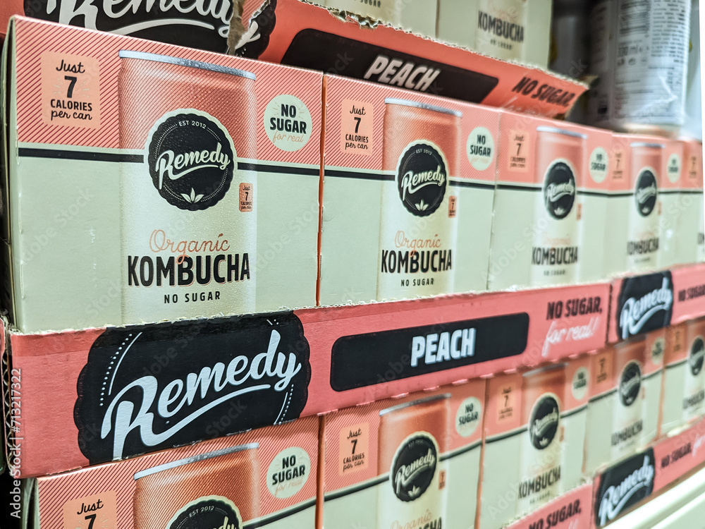 Philippines - Oct 15, 2023: Shelf display of stacked boxes containing ...