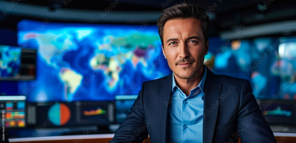 Confident male news anchor reporting live from the broadcasting studio ...