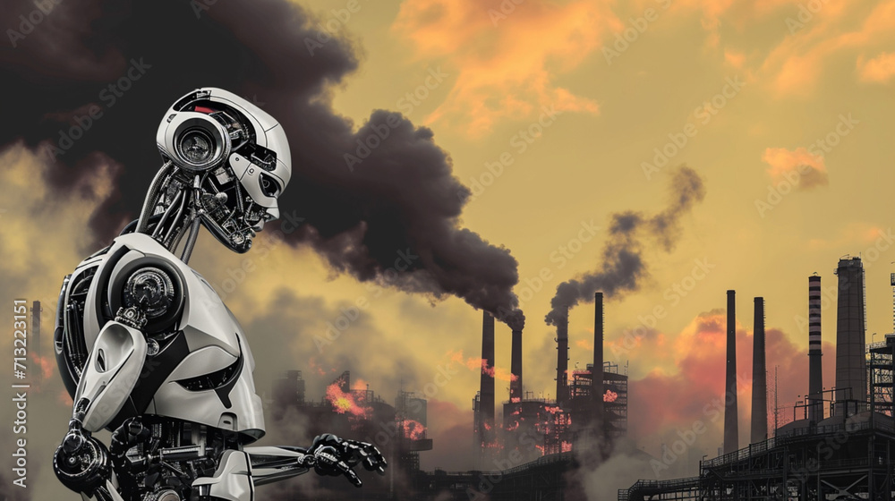 Business and Artificial Intelligence. Robot standing next to factory ...