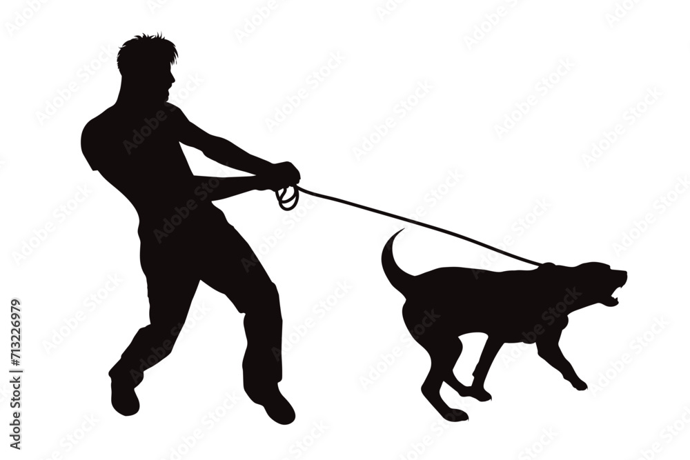 Vector silhouette of a dog pulling a man on a white background. Symbol ...