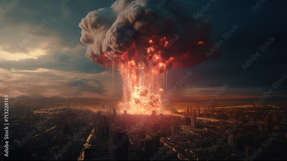 fiery explosion in a large modern city as seen from a drone. fire ...