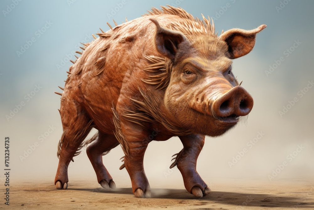 A fierce domestic boar, adorned with sharp spikes upon its head, grazes ...