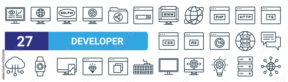 set of 27 outline web developer icons such as monitoring, browser ...