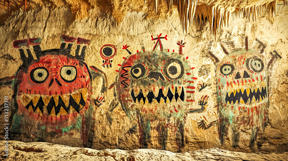 whimsical cave paintings of three monster-like figures with vivid ...