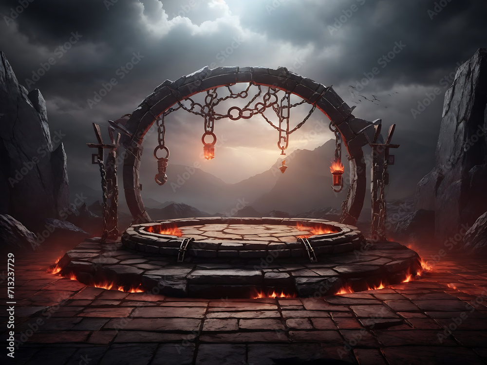 Game Battle Arena Background With Hell Landscape Design With Stone Circle Platform Hanging On