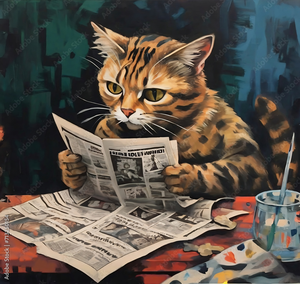 A painting of a tabby cat reading a newspaper in a domestic room Stock ...