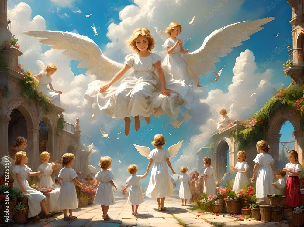 Conceptual of Little Angels with Wings in Heaven Illustration Stock ...