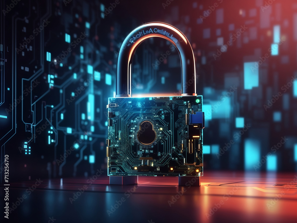 Padlock over glowing abstract electronic circuit background design ...