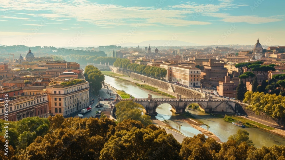 City of Rome landscape panorama as heavily drought, dry Tiber river, a ...