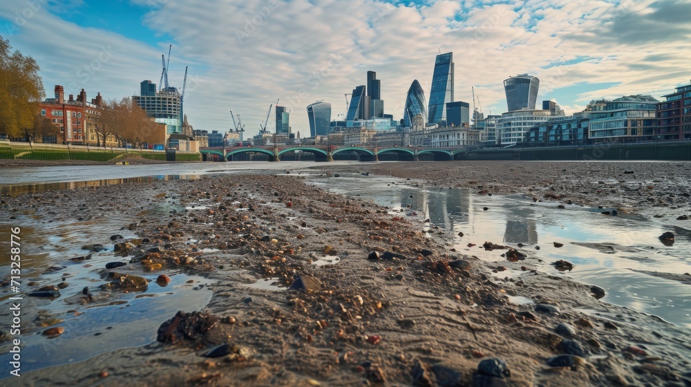 City of London landscape panorama as heavily drought, dry Tames river ...