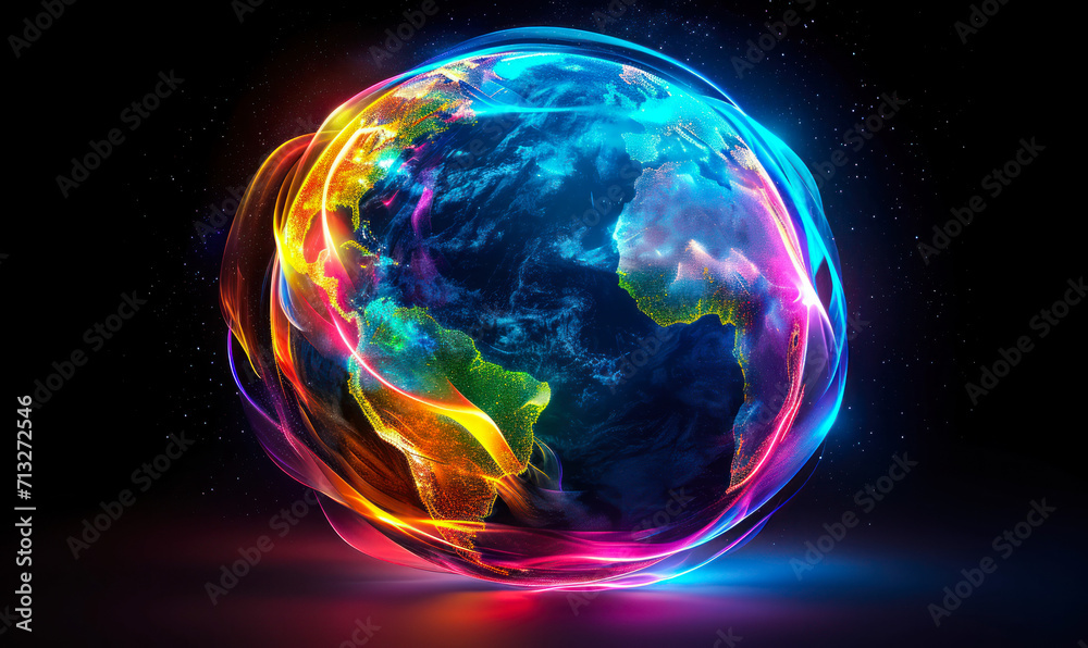 Vibrant and colorful illustration of the Earth with a glowing, neon ...