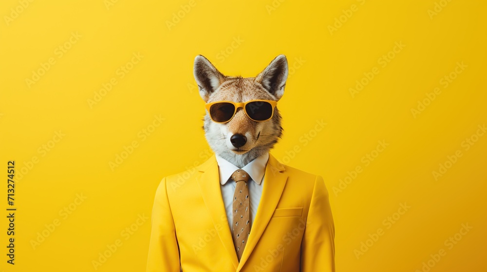 Fashionable Coyote with Sunglasses on a Bold Yellow Background, Quirky ...